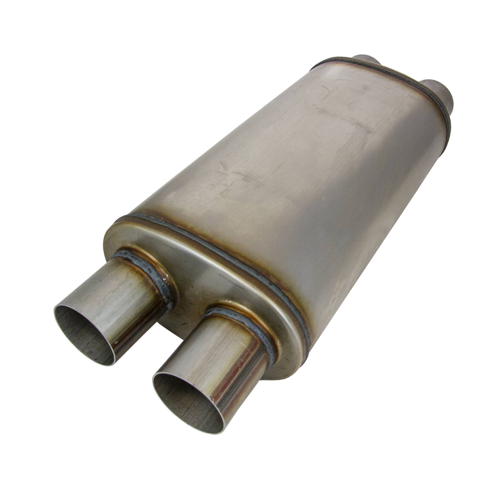 Twin 2.5" Megaflow Muffler with internal X Pipe 409 Stainless Steel